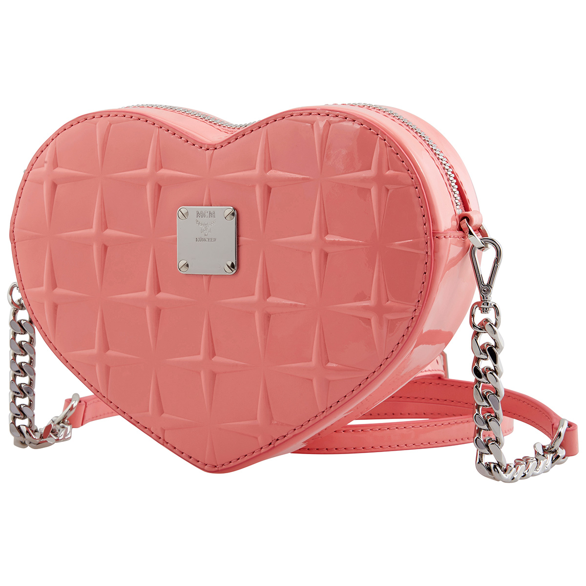 MCM Diamond Patent Leather Patricia Heart Crossbody In Salmon Rose ...