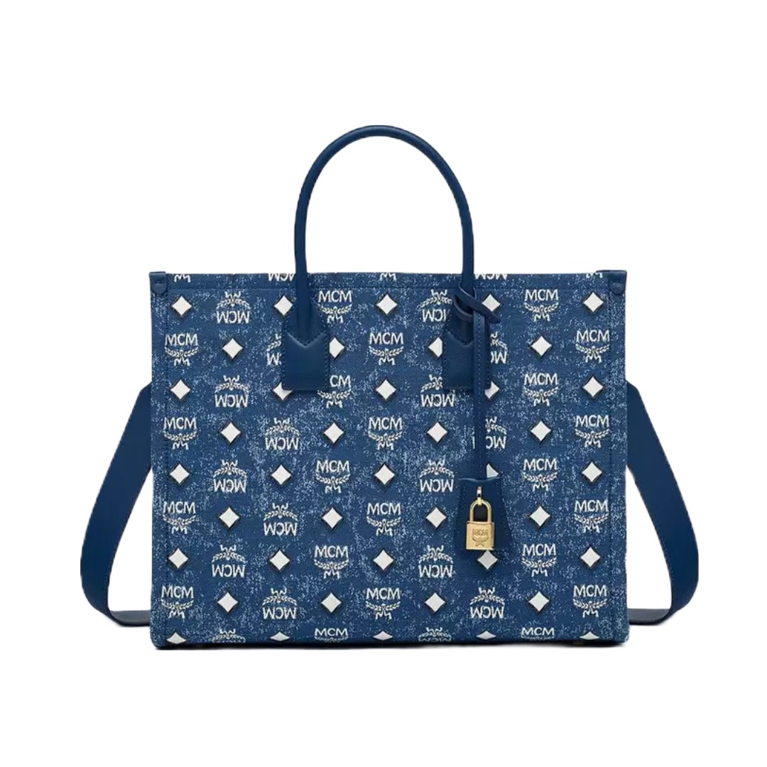MCM Ladies Large Munchen Tote In Vintage Denim Jacquard - Blue ...