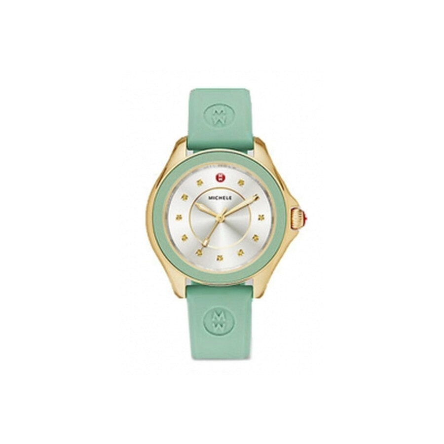 Michele Cape Topaz Silver Dial Ladies Mint Green Rubber Watch ...