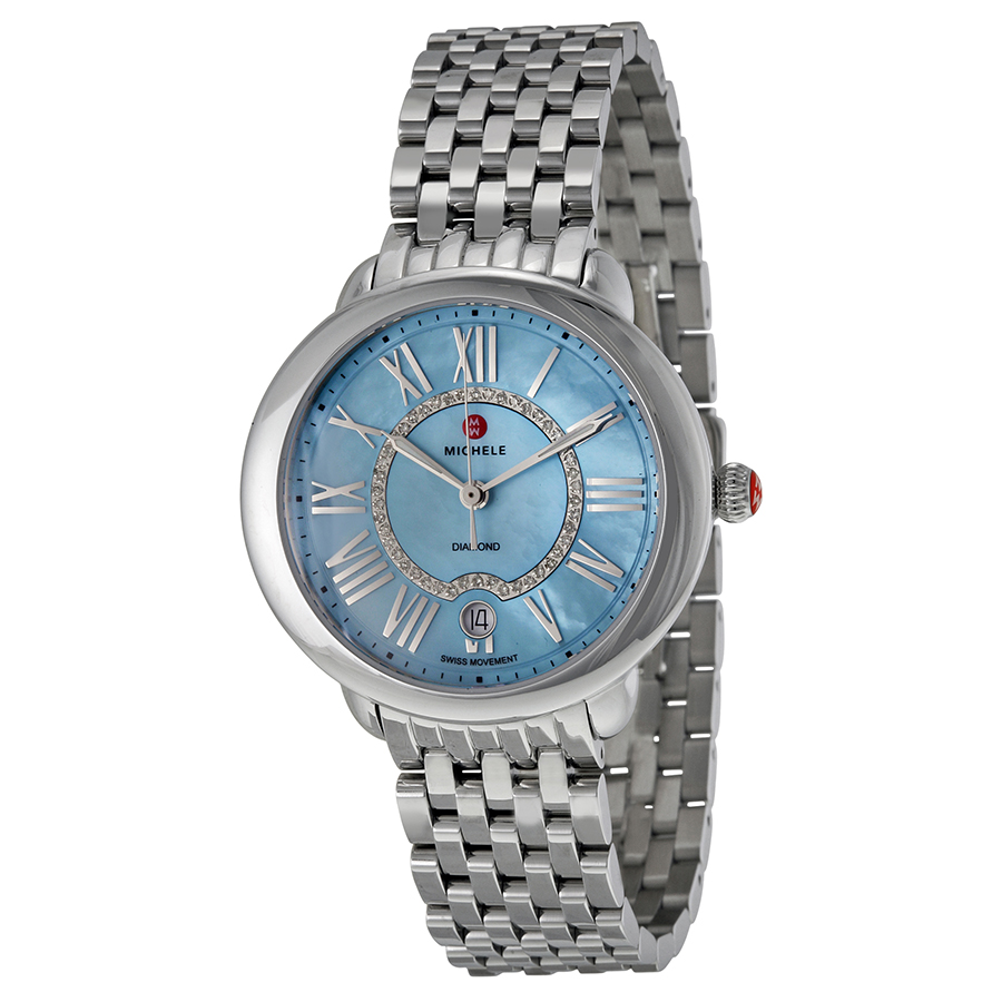 Michele Serein Light Blue Mother of Pearl Dial Stainless Steel Ladies ...