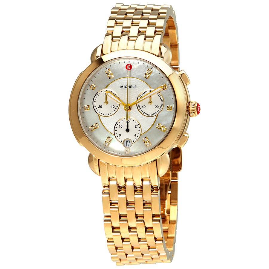Michele Sidney White Mother of Pearl Diamond Dial Ladies 18k Gold ...