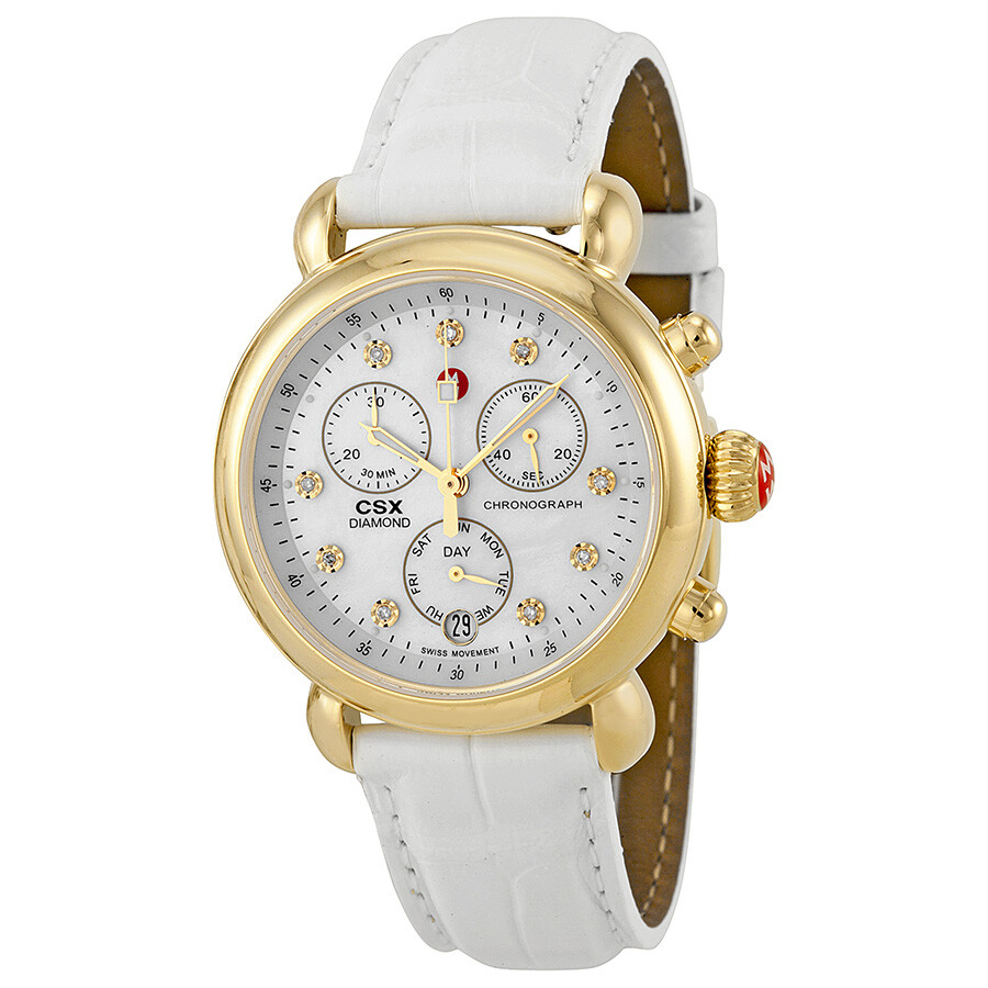 Michele Signature CSX-36 Mother of Pearl Dial Gold-tone White Leather ...