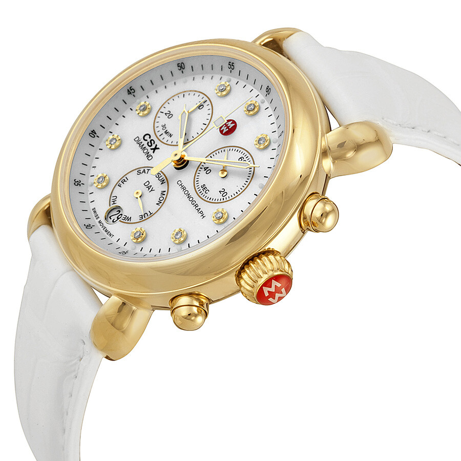 Michele Signature CSX-36 Mother of Pearl Dial Gold-tone White Leather ...