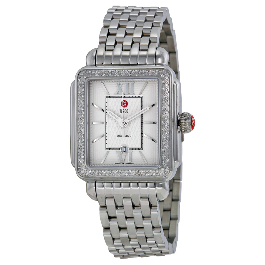 Michele Signature Deco Diamond Silver Guilloche Dial Steel Ladies Watch ...