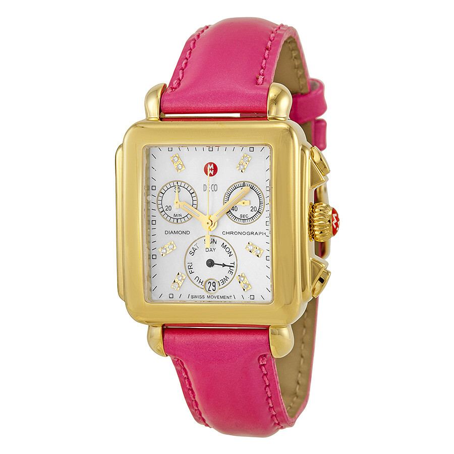 Michele Signature Deco Mother of Pearl Dial Gold-tone Pink Leather ...