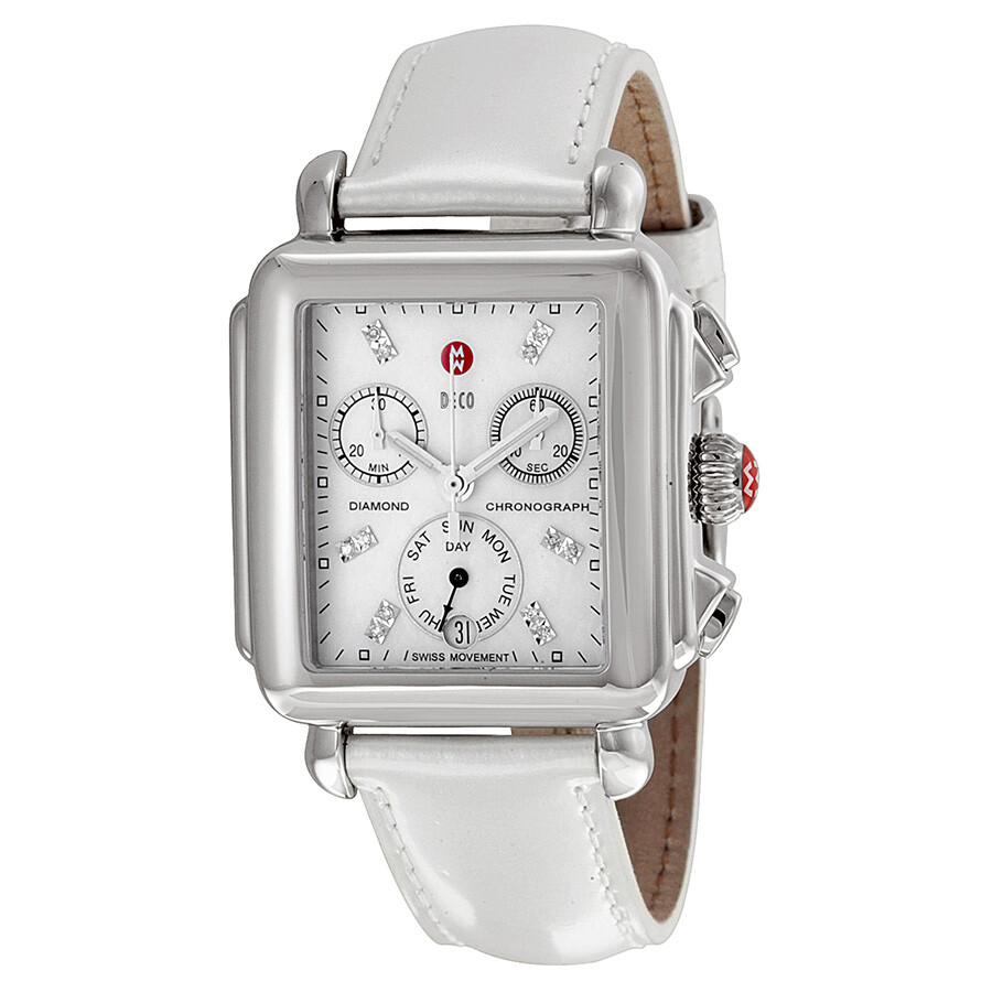 Michele Signature Deco White Mother of Pearl Dial Silver Leather Ladies ...