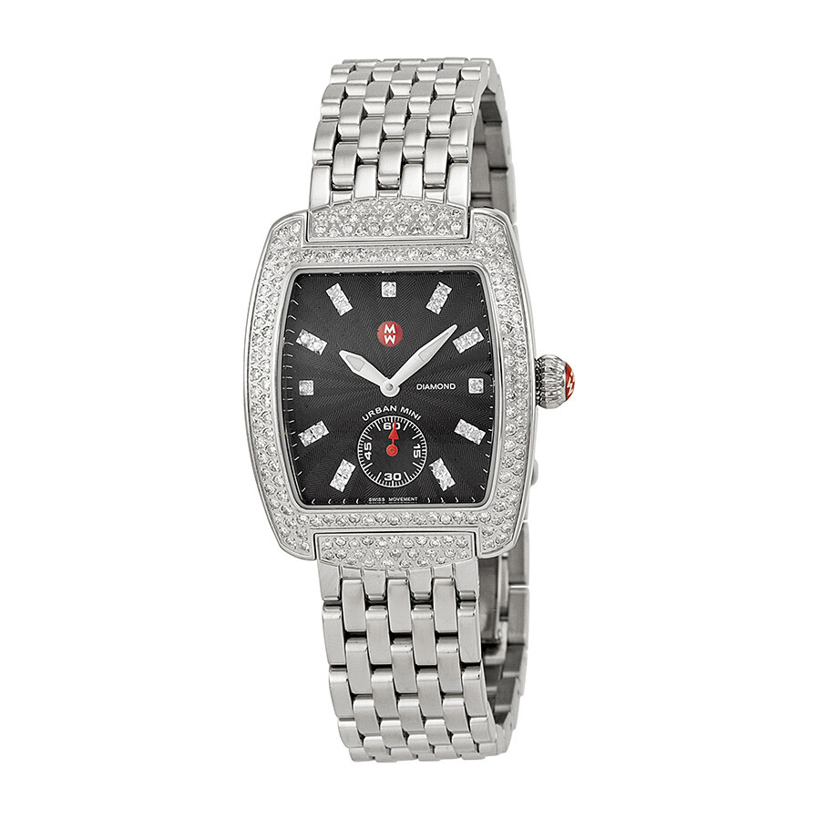 Michele Urban Mini Black Dial Diamond Stainless Steel Ladies Watch ...