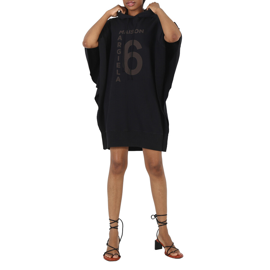 Mm6 Maison Margiela MM6 Ladies Black Logo Print Hooded Dress, Size X ...