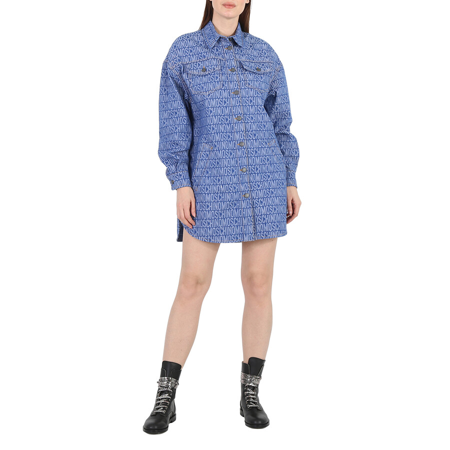 Moschino Fantasy Print Blue All-Over Logo Long-Sleeve Denim Shirt Dress ...