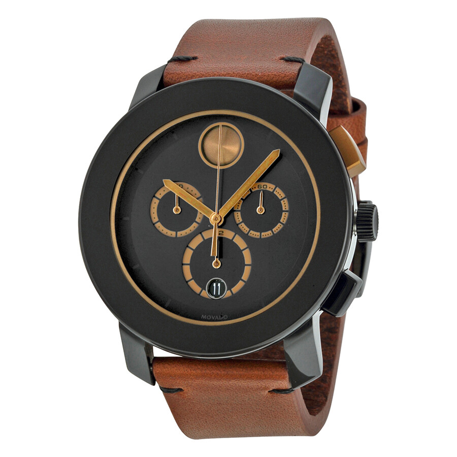 Movado Bold Chronograph Black Dial Cognac Leather Men's Watch 3600348 ...
