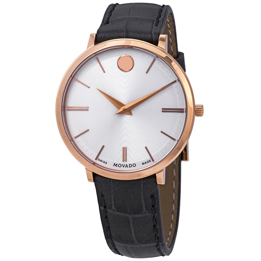 Movado Silver Dial Men's Black Leather Watch 0607177 842047139110 ...