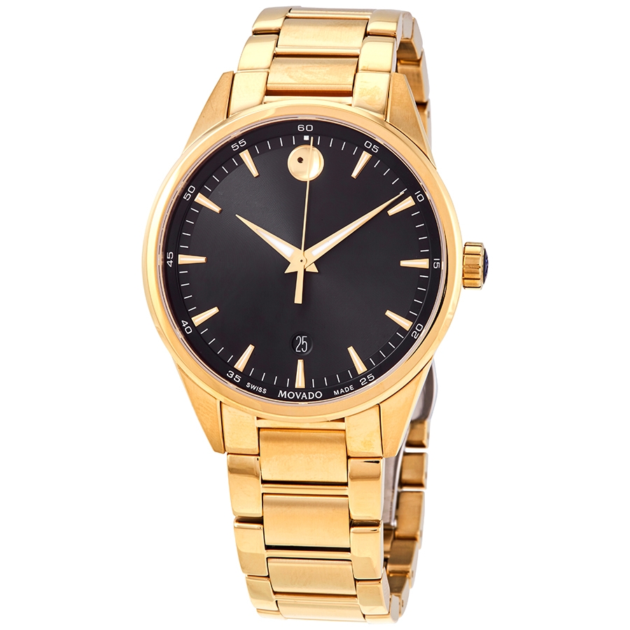 Movado Stratus Quartz Black Dial Yellow Gold PVD Men's Watch 0607246 ...