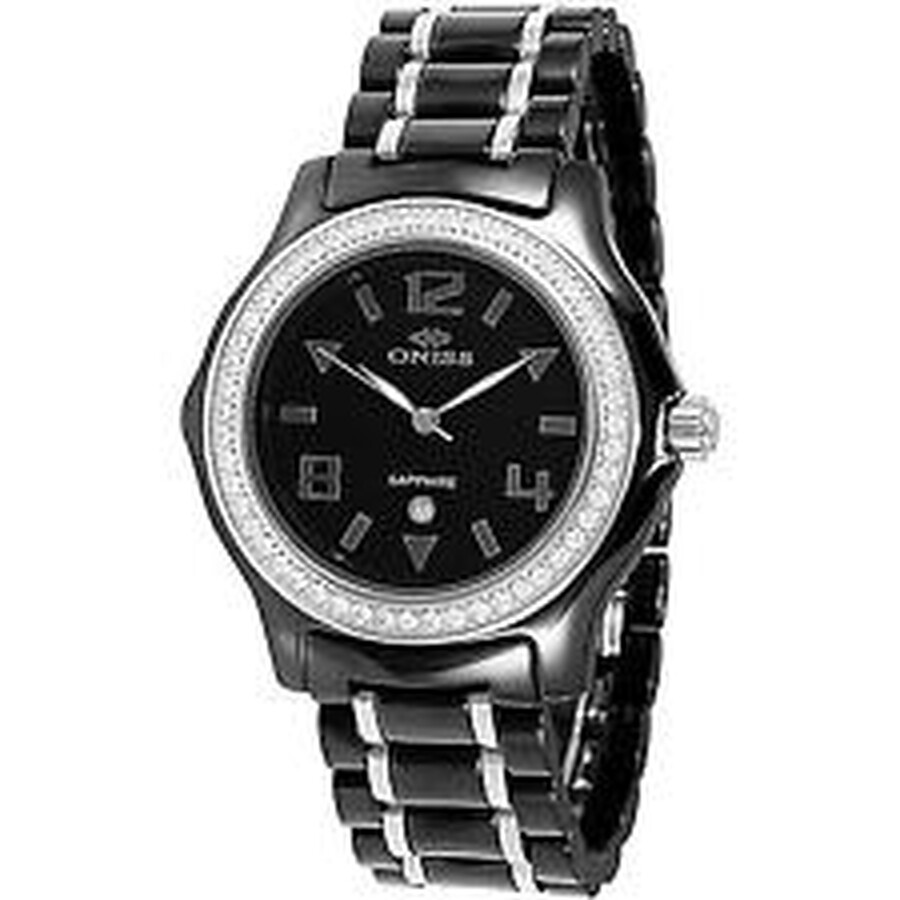 Oniss Black Dial Black Ceramic Stainless Steel Links Ladies Watch ON806 ...