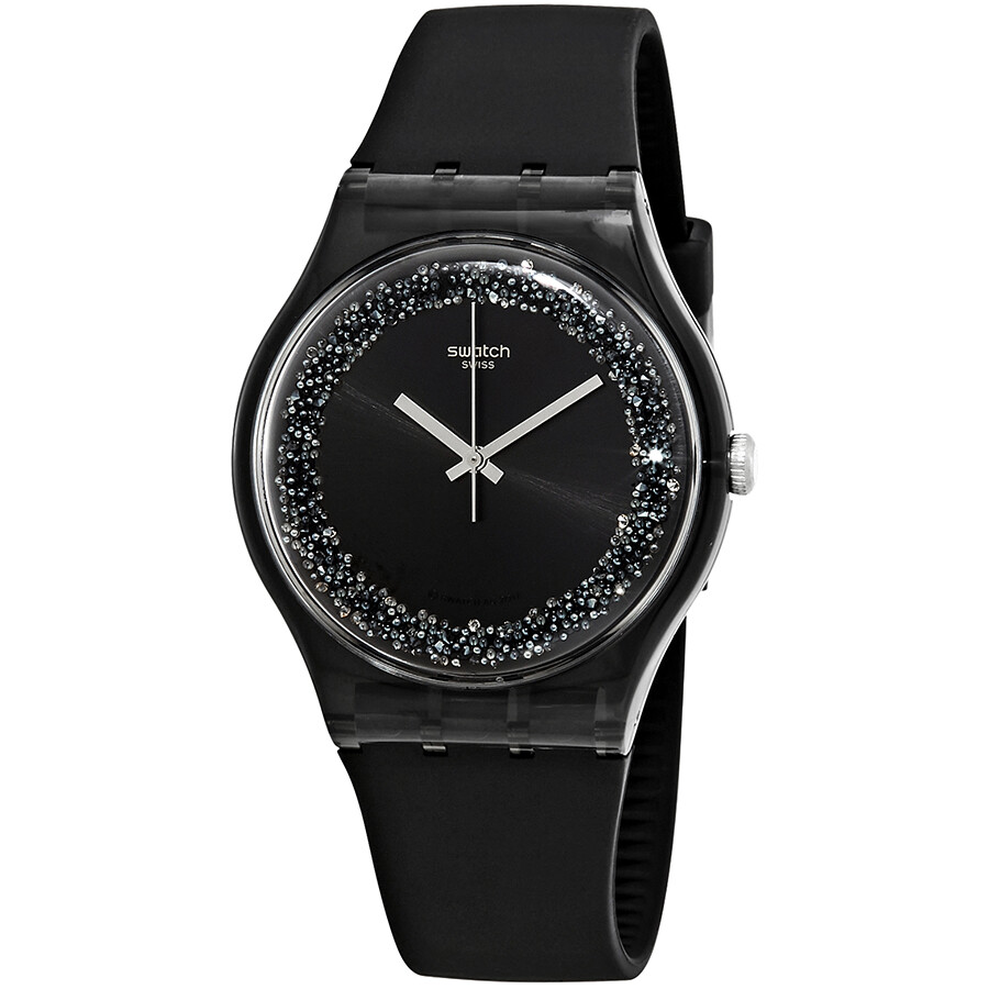 Swatch Open Box - Swatch Darksparkles Black Dial Black Silicone Ladies ...