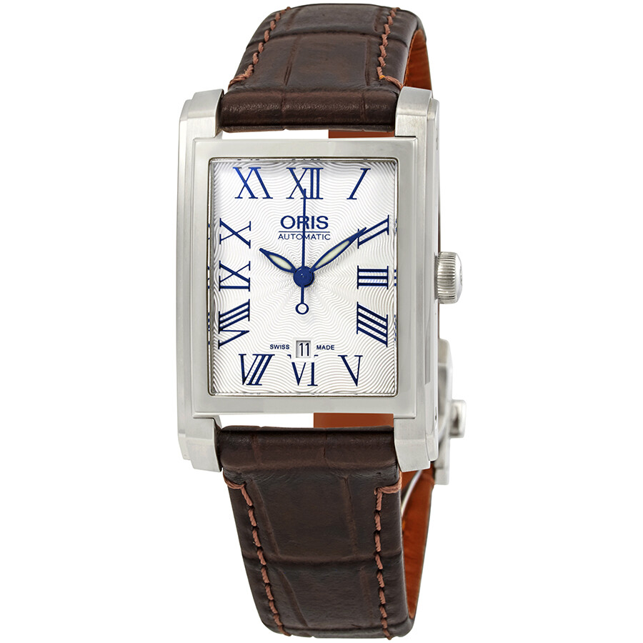 Oris Rectangular Date Silver Dial Brown Leather Ladies Watch 561-7656-4071LS 01 561 7656 4071-07 ...