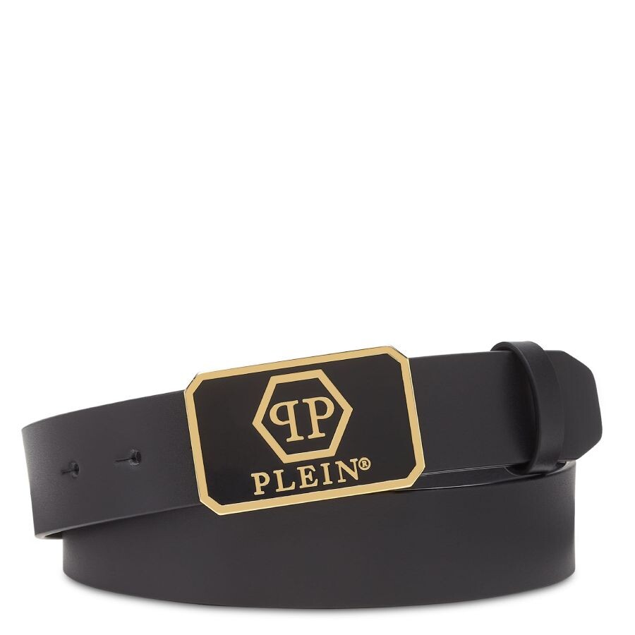 Philipp Plein Men's Black/Gold Leather PP Hexagon Buckle Belt, Size 100 ...