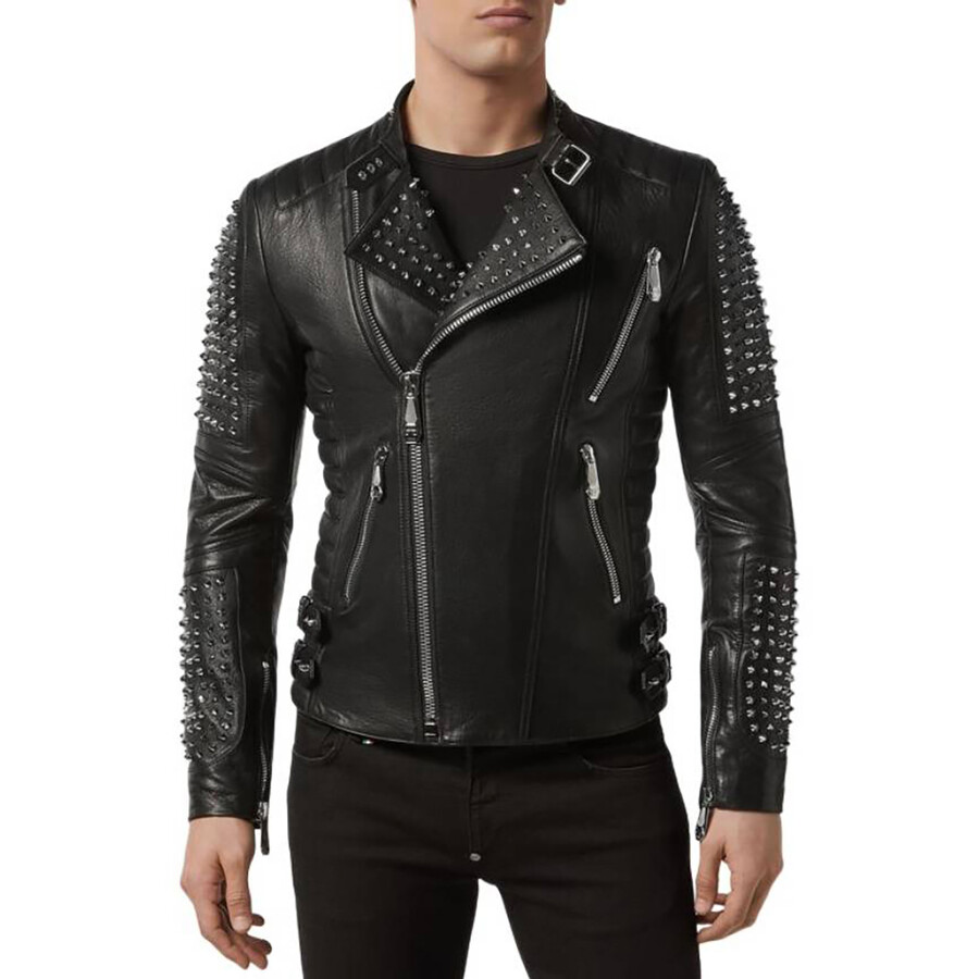 Philipp Plein Studded Leather Biker Jacket, Size 4XL F19C-MLB0872 ...