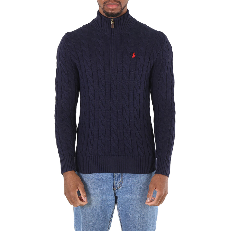 Polo Ralph Lauren Blue Cable Knit Quarter-Zip Sweater, Size Medium ...