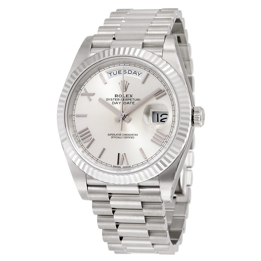 Rolex Pre-owned Rolex Day-Date 40 Silver Quadrant Motif Dial 18K White ...