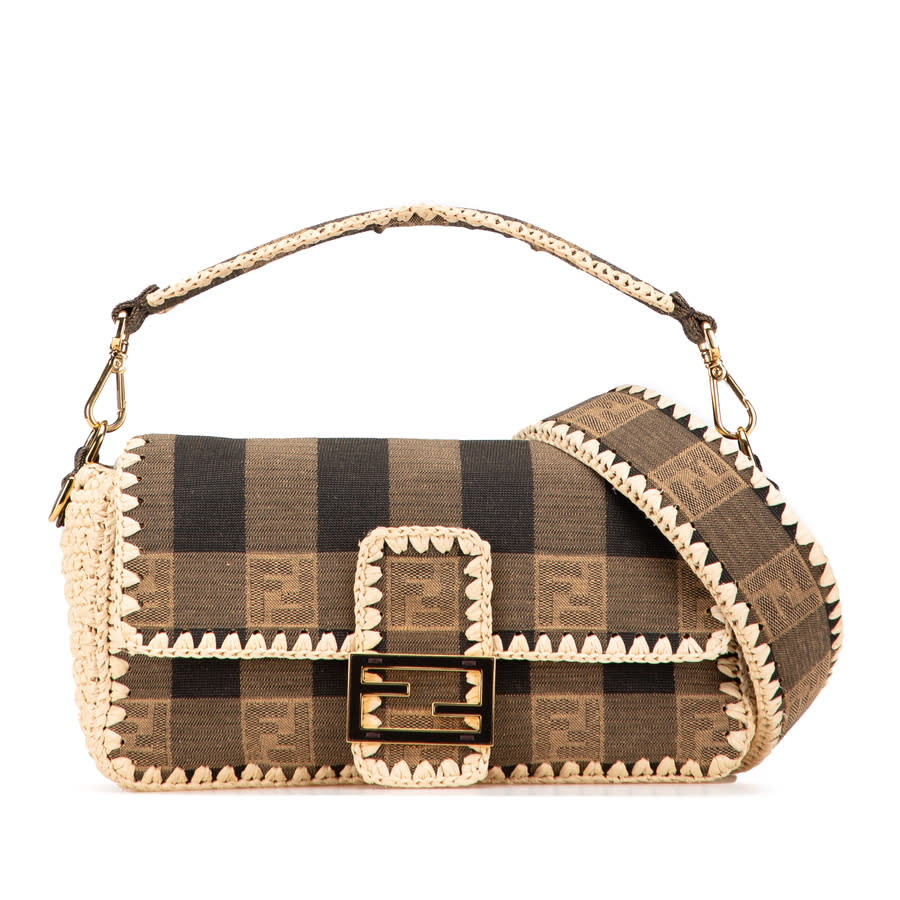 Fendi Pre-owned Fendi Pequin Gingham Canvas And Raffia Baguette Satchel ...