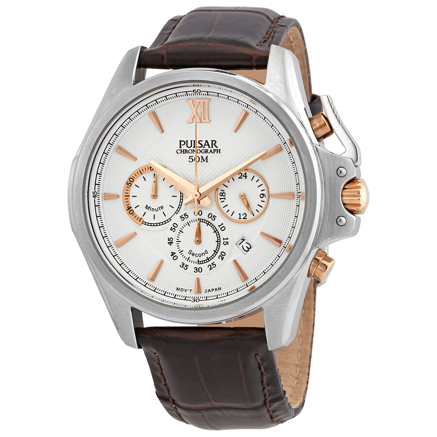 Pulsar Chronograph Silver Dial Black Leather Men's Watch PT3441 ...