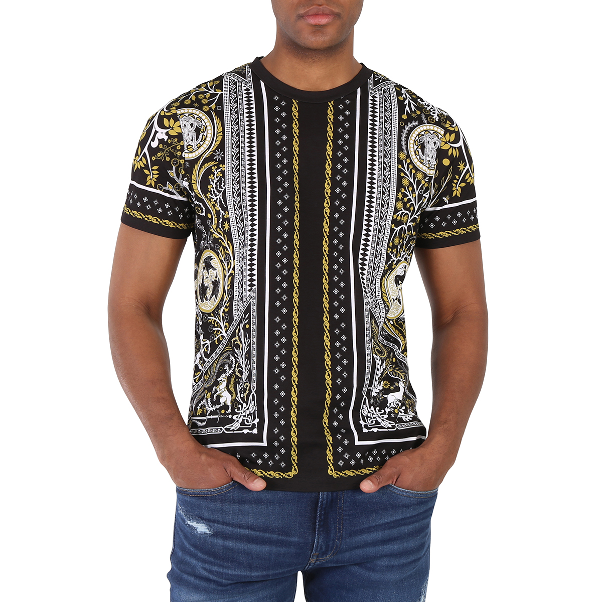 Roberto Cavalli Men's Oniric Scarf Print Cotton T-shirt, Size Large ...
