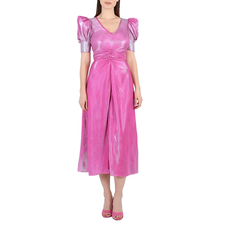 Rotate Ladies Silvery Pink Glo Puff-Sleeve Midi Dress, Brand Size 38 ...
