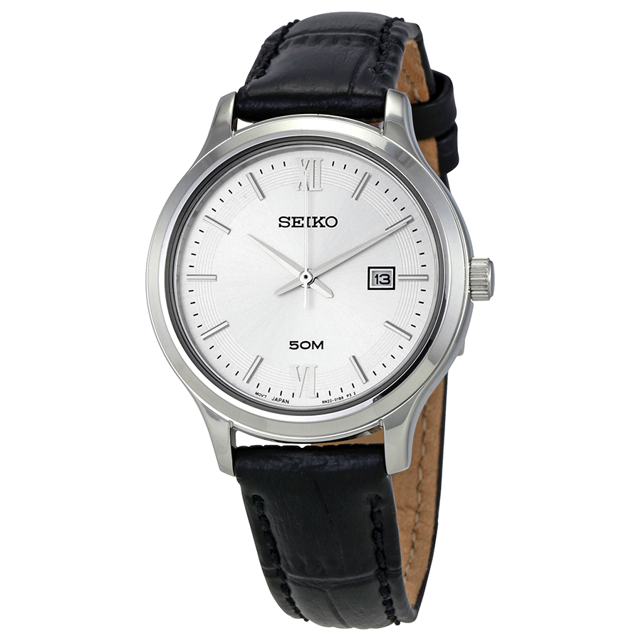 Seiko Classic Silver Dial Black Leather Ladies Watch SUR703P1 ...