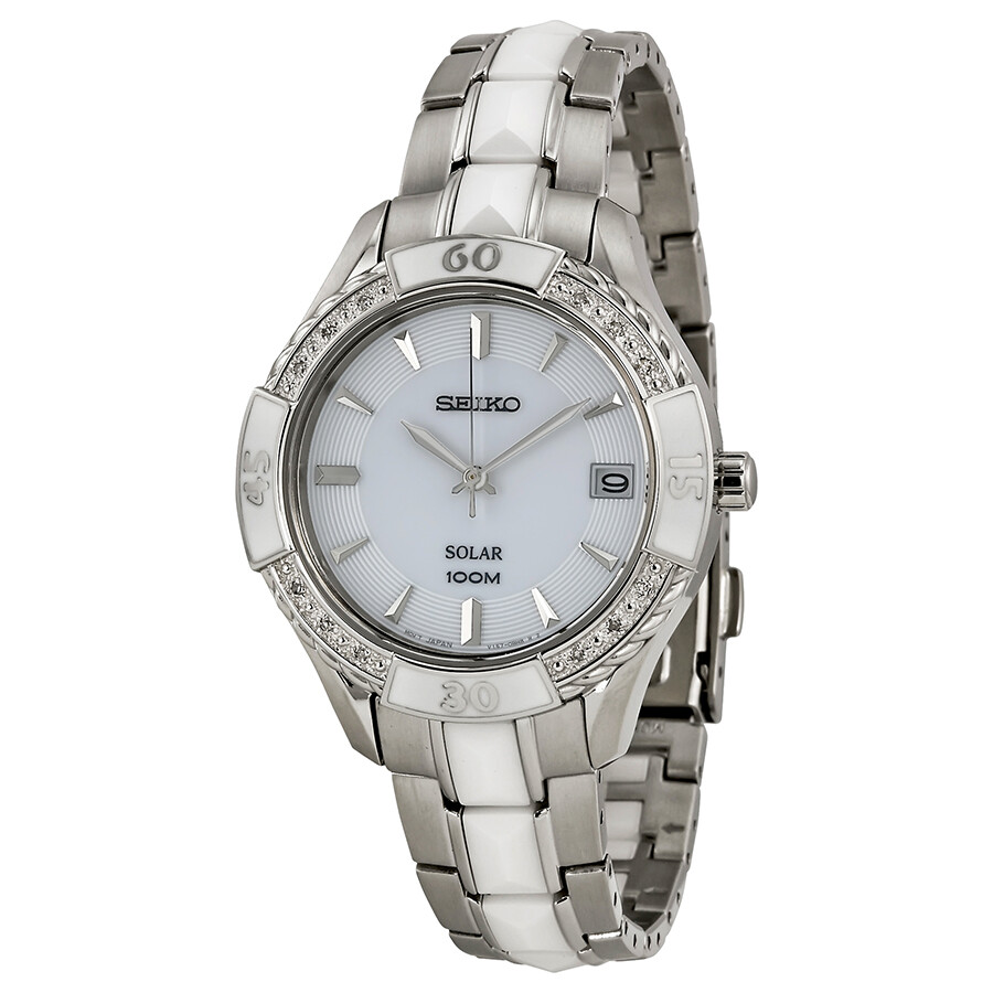 Seiko Solar White Dial Stainless Steel and White Ceramic Ladies Watch ...
