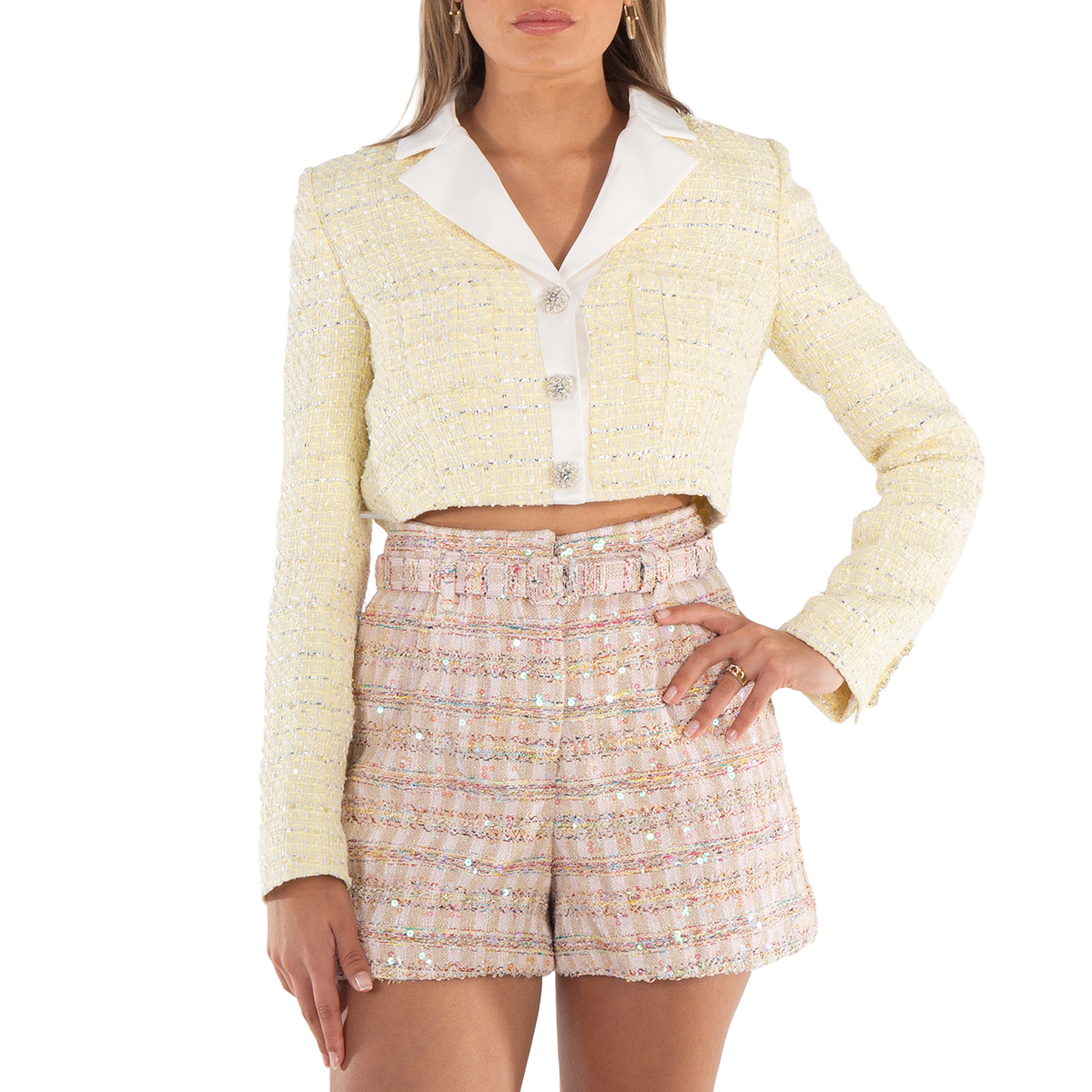 Self Portrait Ladies Yellow Boucle Cropped Jacket, Brand Size 8 (US ...