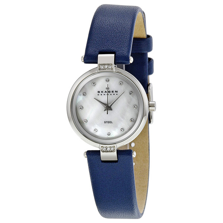 Skagen Mother of Pearl Dial Stainless Steel Blue Leather Ladies Watch 109SSLN 768680154467 ...