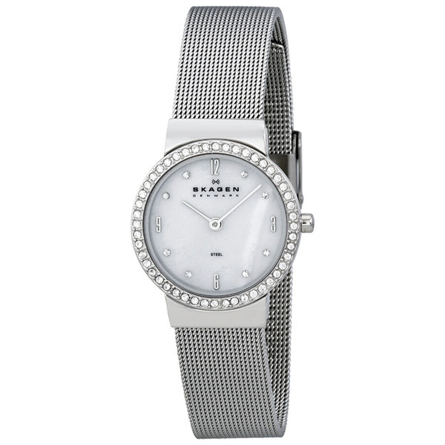 Skagen Mother of Pearl Swarovski Crystal Stainless Steel Ladies Watch 644SSS1 768680128499 ...