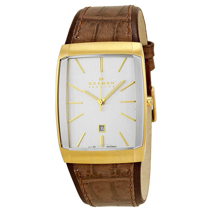Skagen Silver Dial Gold Tone Stainless Steel Brown Leather Men's Watch ...
