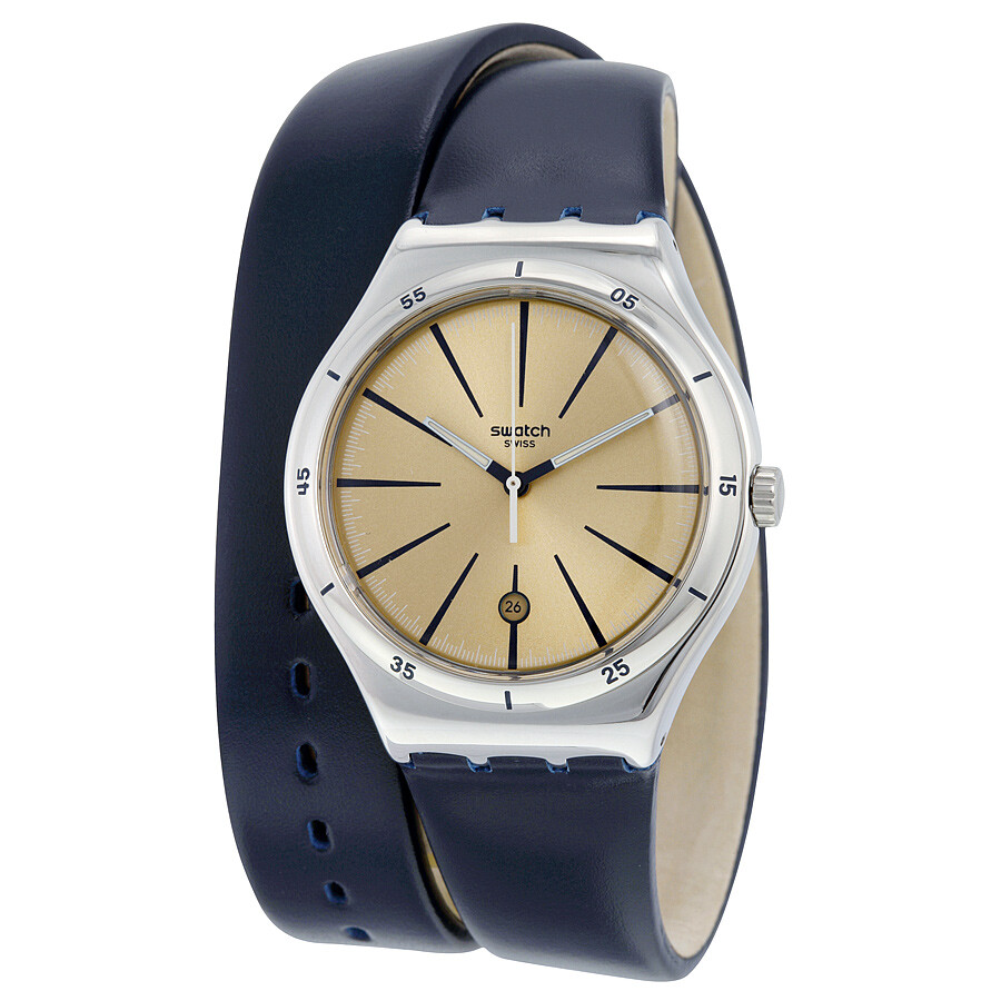 Swatch Irony Beige Dial Blue Leather Ladies Watch YWS408 7610522287082 ...