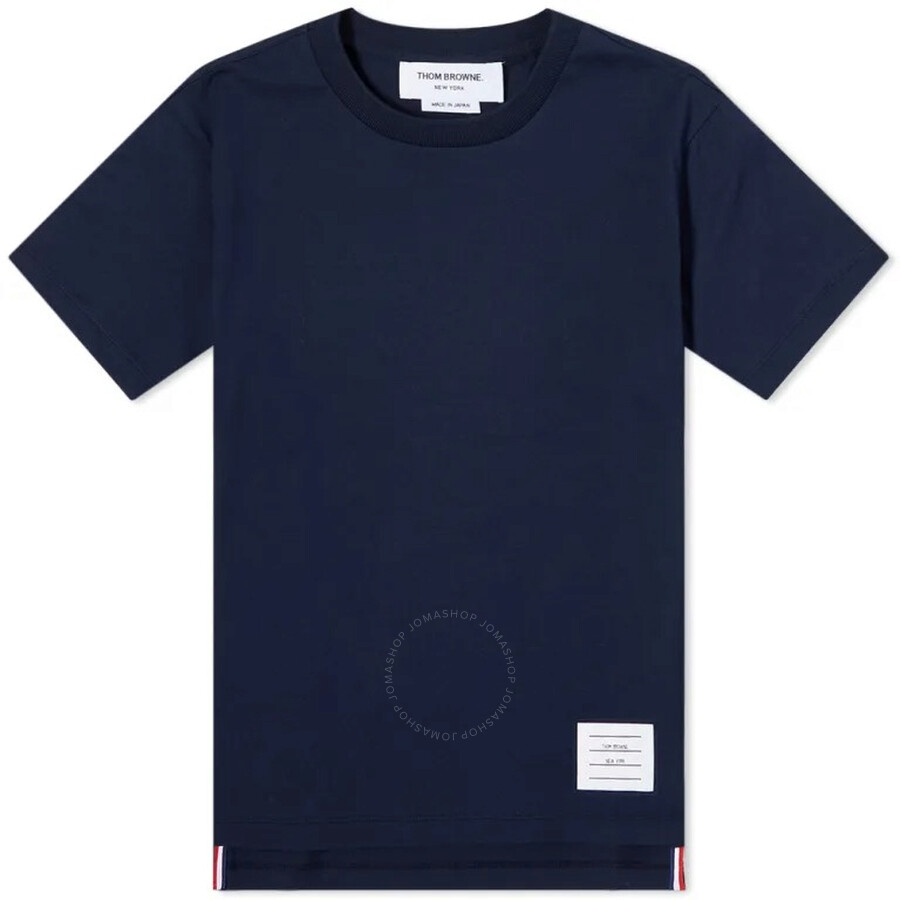 Thom Browne Ladies Navy Cotton Jersey Relaxed Side Slit Tee, Brand Size ...