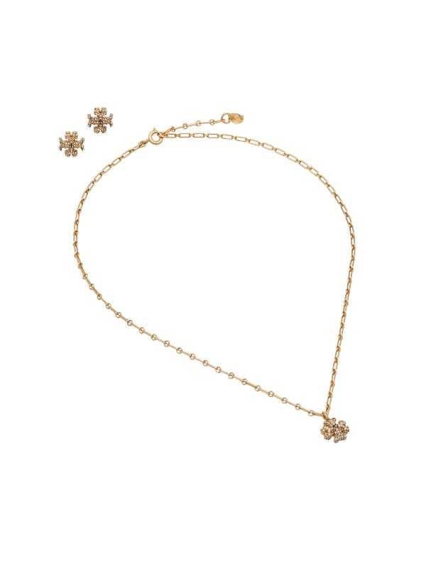 Tory Burch Ladies Rolled Tory Gold/Crystal Roxanne Pendant Necklace And ...