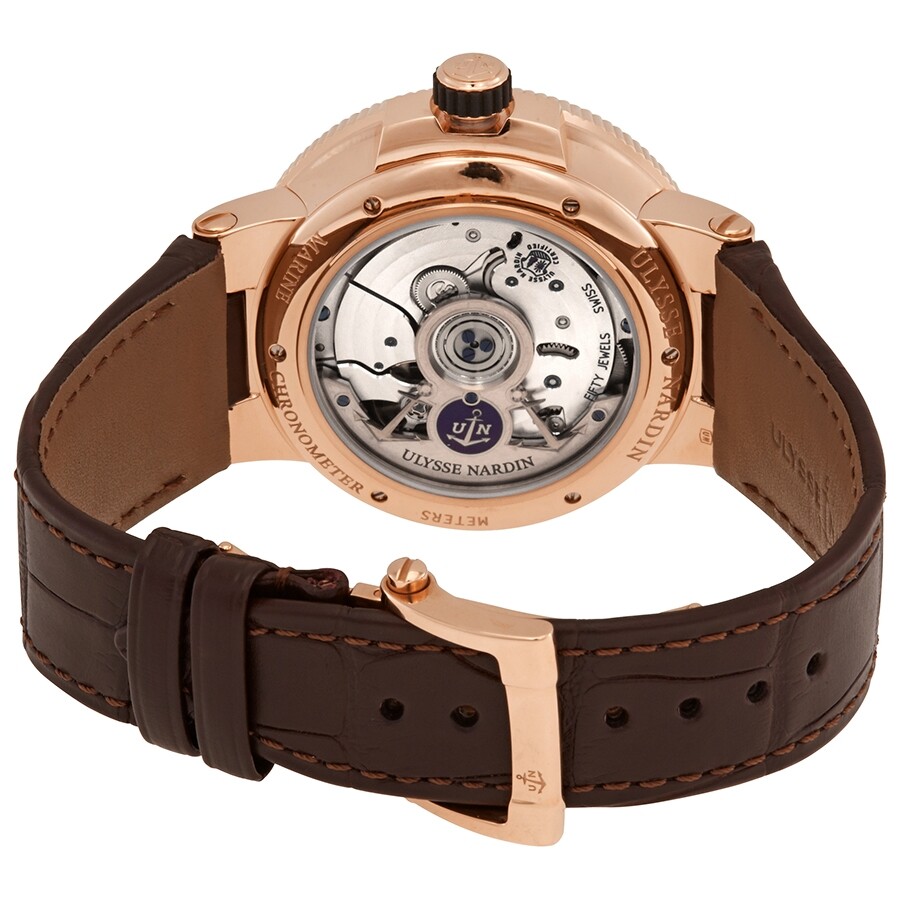 Ulysse Nardin Marine Chronometer Silver Dial 18kt Rose Gold Brown Leather Men's Watch 1186-126/ ...