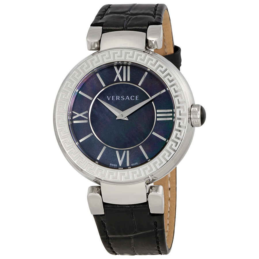 Versace Leda Black Mother of Pearl Dial Black Leather Ladies Watch ...