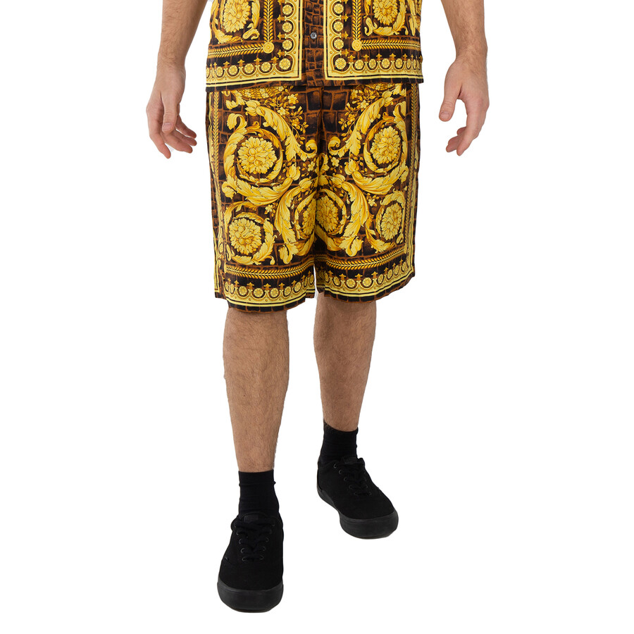 Versace Men's Caramel/Black/Gold Baroque Pattern-Printed Shorts, Brand ...